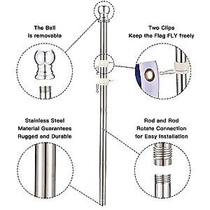 PHITRIC 6 FT Flag Pole for Kit (2 Packs), Tangle Free Spinning Stainless Steel Flagpole, Suitable for 3x5 Heavy Garden Flag 1" Dia Flag Pole for House, Wall-Mounted (Without Bracket,Silver)