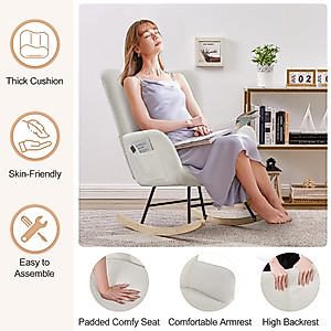 VECELO Rocking Chair, Modern Nursery Upholstered Glider Rocker Padded Seat with High Backrest Armchair with Pocket for Living Room, Bedroom, Offices, Balcony, White
