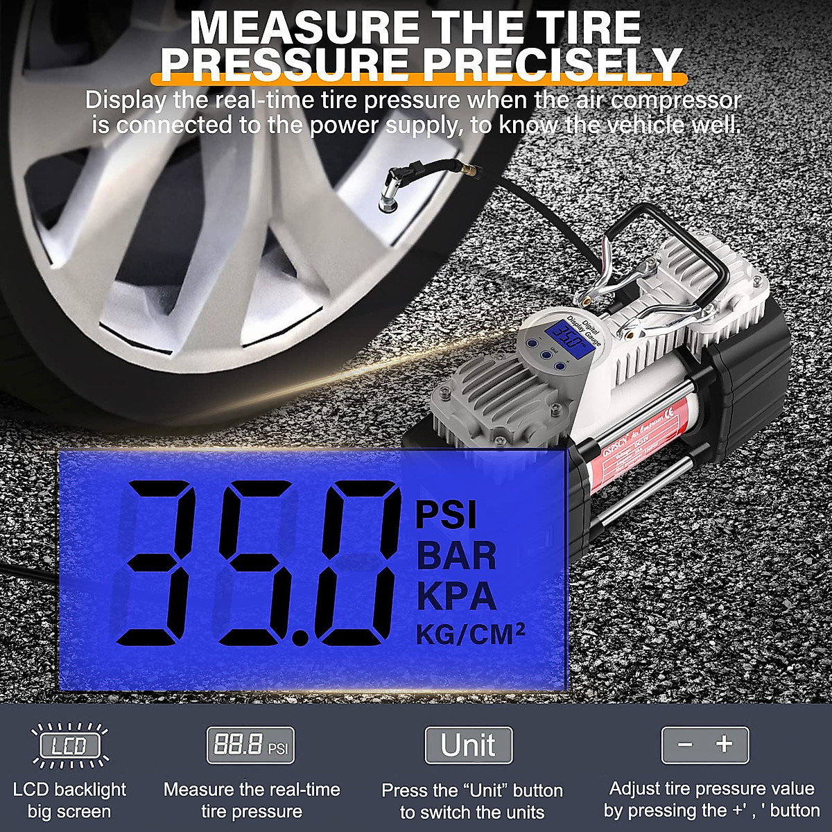 GSPSCN Portable Air Compressor Pump Tire Inflator with Digital Gauge, Heavy Duty Double Cylinder 12V Tire Pump 150 PSI with Tire Repair Kit and Toolbox for Auto,SUV,Off-Road,Truck,Bike