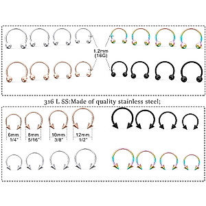 Dyknasz 32PCS 16G Variety of Sizes Horseshoe Rings Surgical Steel Nose Septum Horseshoe Hoop Earring Eyebrow Tragus Lip Rings Daith Helix Piercing Jewelry for Women Men