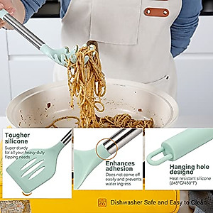 QMVESS Silicone Kitchen Utensil Set, 28 Pcs Non-Stick Cooking Utensils Set with Holder, Tongs, Spatula, Whisk, Measuring Cups and Spoons Set with Stainless Steel Handle Kitchen Gadgets (Light Green)