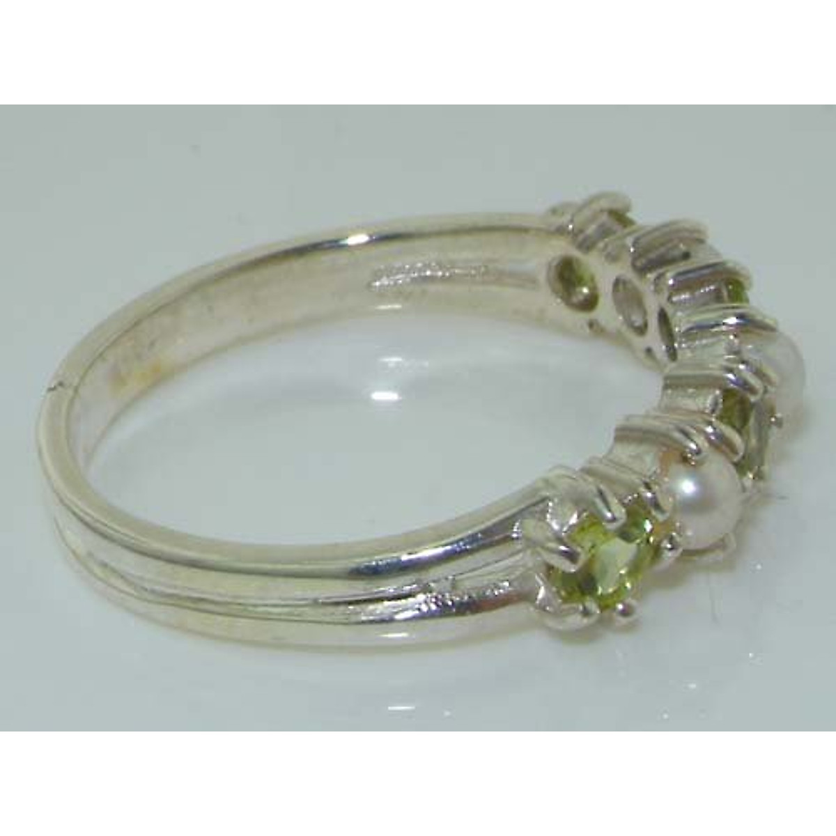 925 Sterling Silver Cultured Pearl & Peridot Womans Eternity Ring - Size 11.25