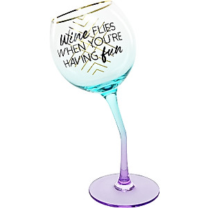 Pavilion Gift Company Flies When You're Having Fun 11 Oz Blue Ombre & Gold Unique Tipsy Stemmed Wine Glass