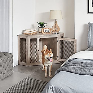 unipaws Corner Dog Crate Pet Crate Furniture for Small Medium Dogs with Cushion, Medium Dog Crates Dog Kennel with Metal Mesh, Dog House, Pet Crate Indoor Use, Medium, Weather Grey