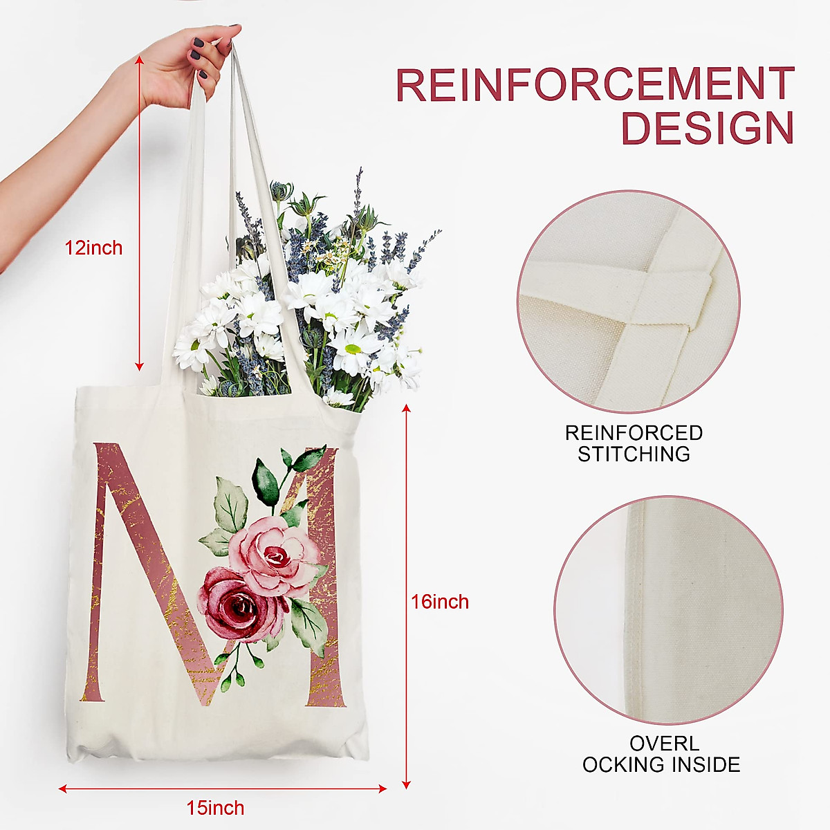 BeeGreen Monogrammed Gifts Floral Initial Tote Bag For Women with Inner Zipper Pocket Beach Tote Bag 12OZ Canvas Tote Bag Aesthetic for Bridesmaids Teacher Birthday Wedding Large Tote Bag Letter M