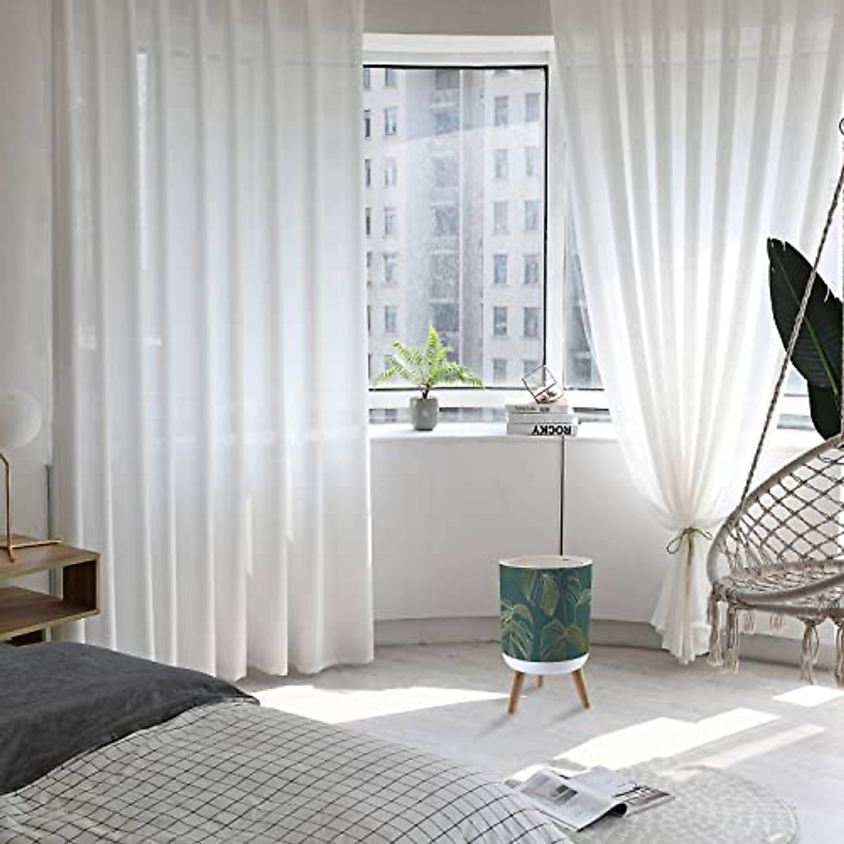 Small Trash Can with Lid Luxury gold and nature green Floral Golden split leaf Philodendron Garbage Bin Wood Waste Bin Press Cover Round Wastebasket for Bathroom Bedroom Kitchen 7L/1.8 Gallon