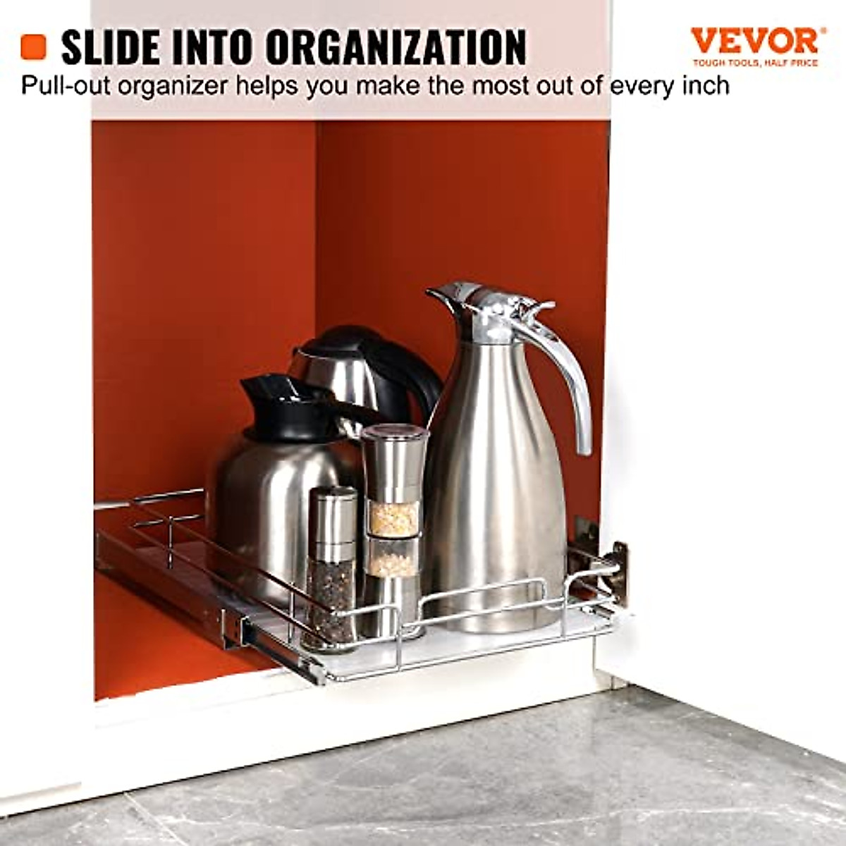 VEVOR 12"W x 17"D Pull Out Cabinet Organizer, Heavy Duty Slide Out Pantry Shelves, Chrome-Plated Steel Roll Out Drawers, Sliding Drawer Storage for Home, Inside Kitchen Cabinet, Bathroom, Under Sink