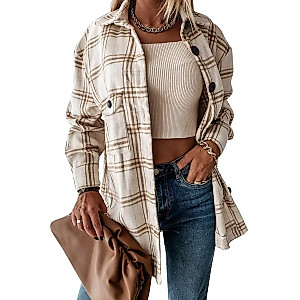 Trendy Queen Womens Flannel Shacket Casual Jacket Plaid Button Down Long Sleeve Shirt Fall Winter Outfits, Khaki, L
