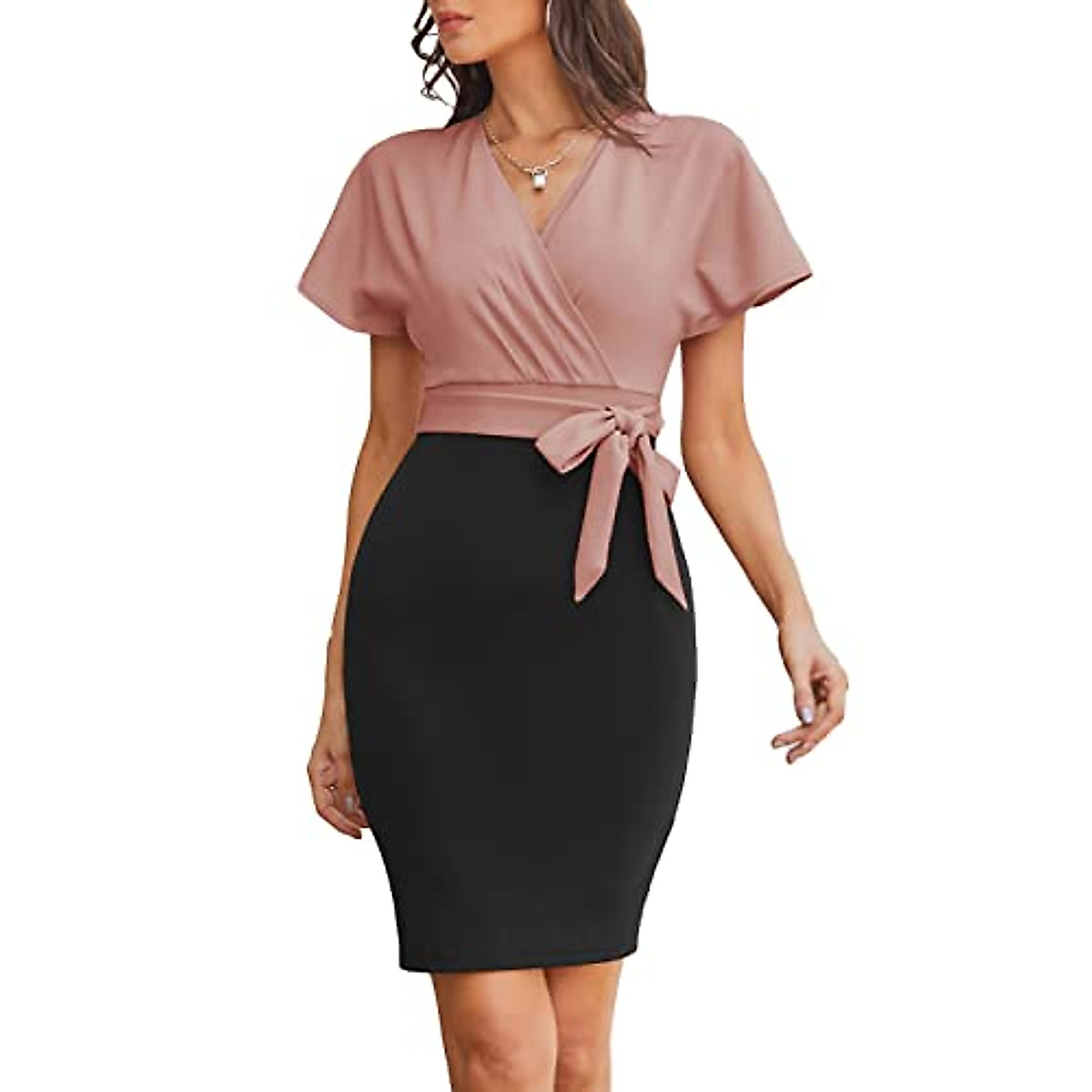 Wedding Guest Dress for Women Vintage Short Sleeve Slim Fit Belted V Neck Wrap Dresses Pink Black L