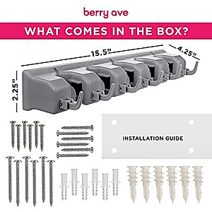 Berry Ave Broom Holder Wall Mount and Garden Tool Organizer, Closet Storage, Kitchen Rack, Home Organization and Garage Organizer for Rake or Mop Handles Up to 1.25-Inches, Hanger Plus 6 Hooks (Grey)