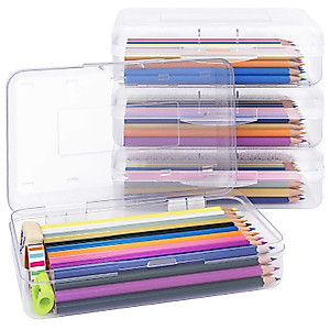 Denkee 4 Pack Clear Pencil Box, Plastic Large Capacity Pencil Boxes, Hard Pencil Case, School Supply Crayon Box Storage with Snap-Tight Lid, Stackable Office Supplies Storage Organizer Box