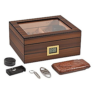 CIGAIOL Handcraft Cigar Kits with Cutter and Lighter, Luxurious Humidor Cigar Box Hold 30-50 Cigars 100% Cedar Wood Case with Digital Cigar Hygrometer/Travel humidor (No Cigars, no Batteries, no Gas)
