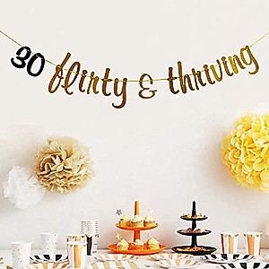 30 Flirty & Thriving Banner, 30th Anniversary Birthday Bunting Sign, Dirty Thirty Party Decorations, Gold and Black Glitter