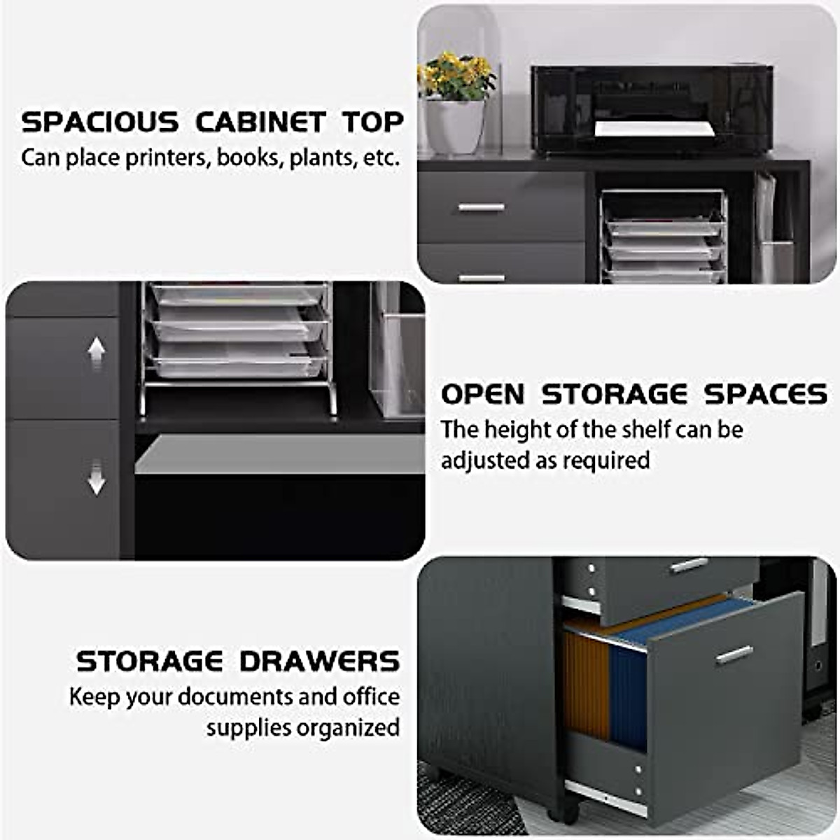 WILLIAMSPACE 3-Drawer Wood File Cabinet, Mobile Lateral Filing Cabinet on Wheels for Printer Stand with Open Storage Shelves for Home Office (Black Oak + Dark Grey)