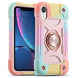 MARKILL Compatible with iPhone XR Case 6.1 Inch with Ring Stand, Heavy-Duty Military Grade Shockproof Phone Cover with Magnetic Car Mount for iPhone XR 6.1. (Rainbow Pink)