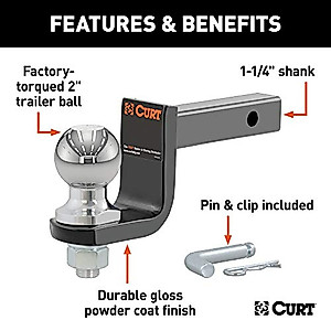 CURT 45148 Trailer Hitch Mount, 2-Inch Ball, Pin, Fits 1-1/4-In Receiver, 3,500 lbs, 3-1/4" Drop, GLOSS BLACK POWDER COAT