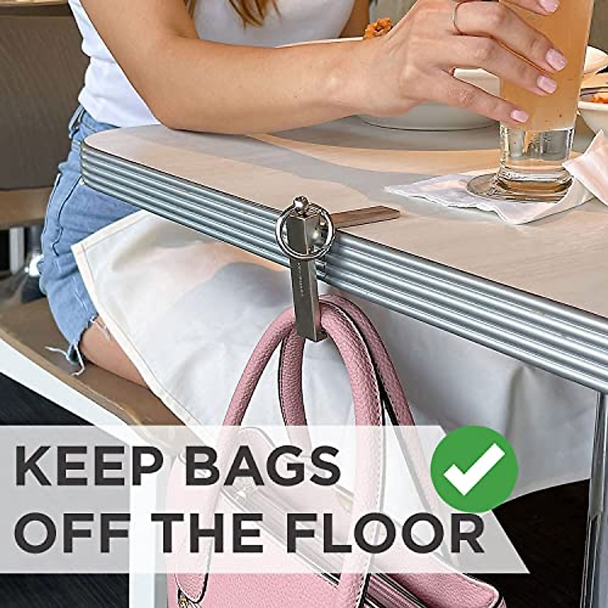 KeySmart BagHang Plus - 2-in-1 Purse Hook for Table & Phone Stand - Bag Holder and Hanger for Table Tops - Keychain Purse Hanger for Desk - Easy to Clip and Strong Grip Carabiner - Stainless Steel