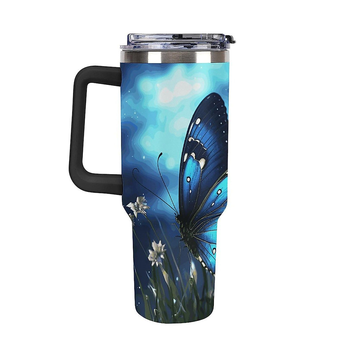 YTLKGFP 40 Oz Large Capacity Car Cup Butterfly Night Tumbler with Handle (Black) Straw Lid Insulated Stainless Steel Water Bottle Travel Mug Leak-proof Car Cup Keeps Cold Or Hot