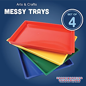 Constructive Playthings Messy Trays, Contains Mess For Arts and Crafts, Premium Plastic Construction To Hold Paint, Sand, and Water, Multi-Color Art Supplies, Creative Play, Set of 4 Activity Trays