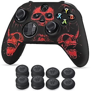 YoRHa Laser Carving Silicone Skin for Xbox Series X/S Controller x 1(Skulls Red) with Exclusive Thumb Grips x 8