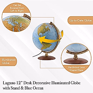 Waypoint Geographic Lugano Globe, 12" Illuminated Blue Ocean-Style Globe, Up-to-Date Globe, Reference Globe, Decorative World Globe For Home and Office Decor