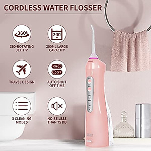 Water Flosser for Teeth, 200ML Cordless Water Flosser with 360°Rotable Nozzle, 3 Flossing Modes IPX7 Waterproof 6 Jet Tips Water Picks,Rechargeable Portable Water Flosser for Home & Travel (Pink)