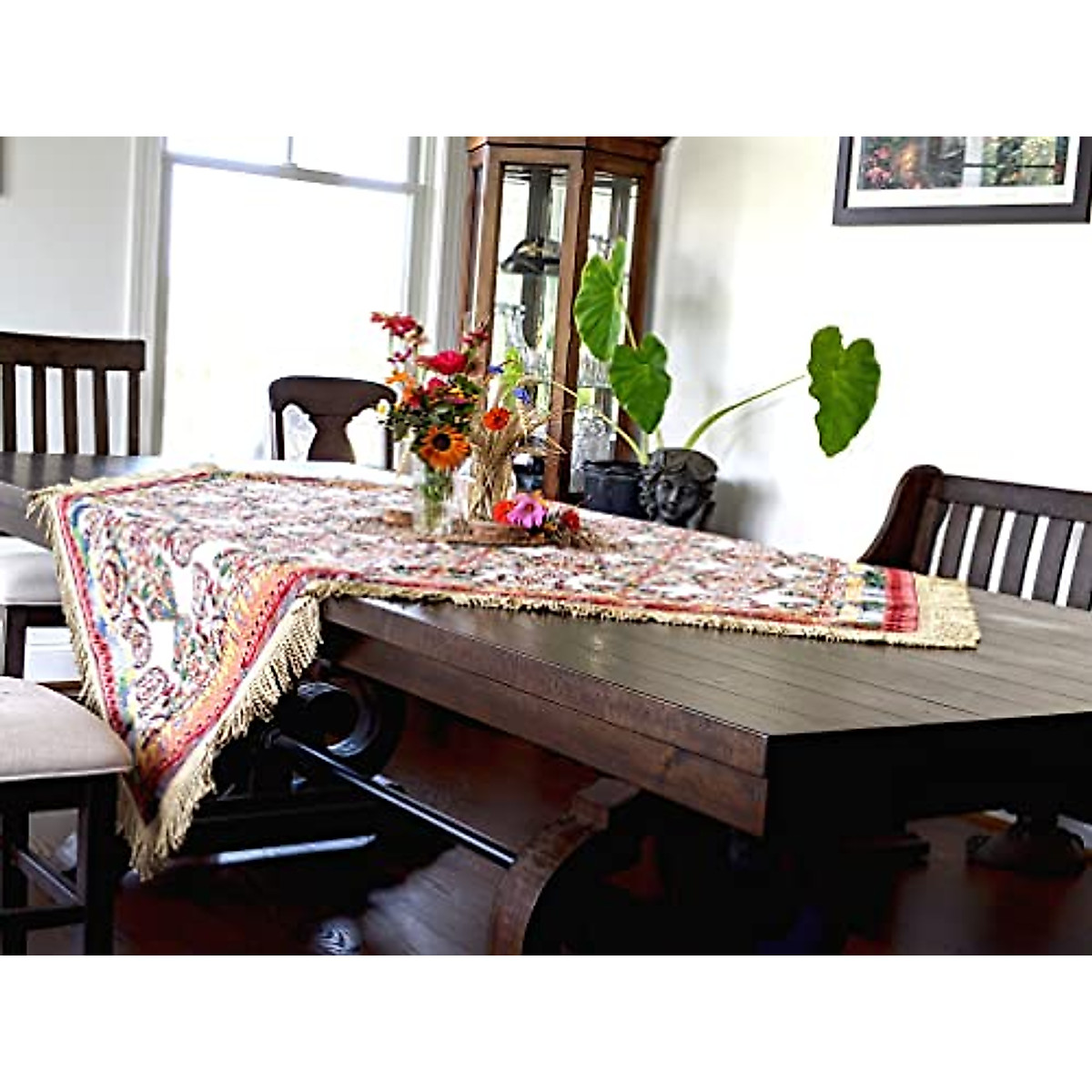 Tache Elegant Ornate Ivory Colorful Paisley Square Tapestry Table Cloth with Tassels, 35x35