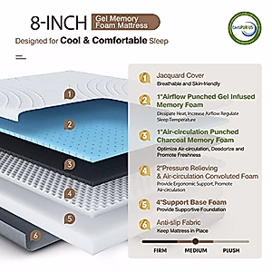 KOMFOTT 8 Inch Mattress Full Size, Cooling-Gel Memory Foam Mattress with Bamboo Charcoal Layer for Pressure Relief, Medium Firm Mattresses with Jacquard Cover, CertiPUR-US Certified Mattress in a Box