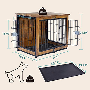 COPAW Dog Crate Furniture - 32 Inch Wooden Wire Pet Kennels with Double Doors Cushion and Removable Tray, Brown, Black