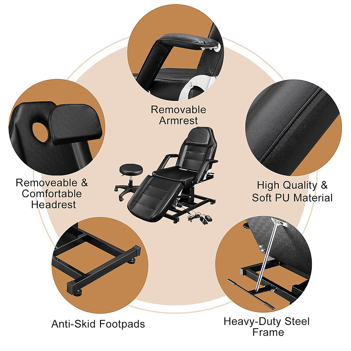 OmySalon Electric Height Adjustable Salon Tattoo Chair Esthetician Bed, Multi-Purpose Facial Bed Chair for Barber Spa Beauty Salon with Hydraulic Stool Equipment, Remote Control, Black