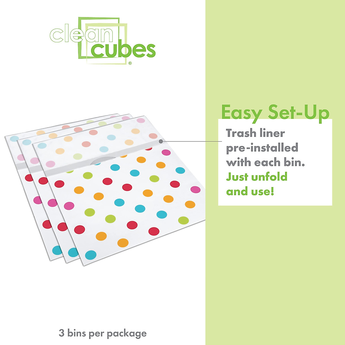 Clean Cubes 13 Gallon Disposable Trash Cans (3-Pack). Reusable Garbage and Recycling Bins for Parties, Events, and More (Polka Dot - 18" Tall x 14" Wide 10" Deep)