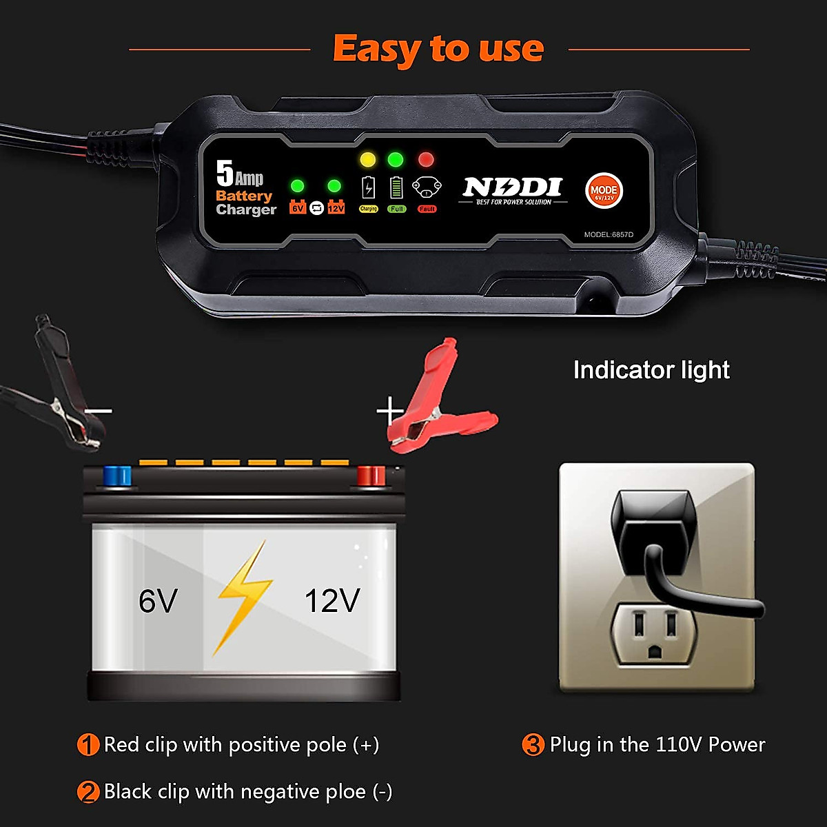 NDDI Car Battery Charger, 6V-12V 5A Smart Battery Trickle Charger Automotive Battery Charger Maintainer for Car Truck Motorcycle Lawn Mower Marine Lead Acid Batteries