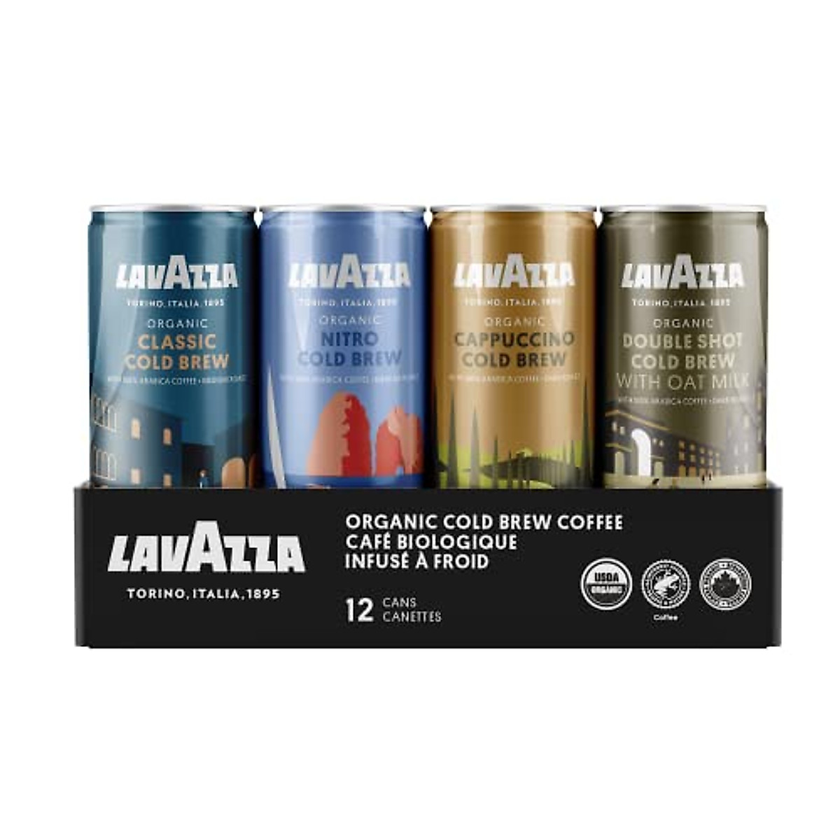 Lavazza Organic Cold Brew Coffee Variety Pack of 12 Count - Balanced, Complex, Smooth, Fruity, Sweet, Creamy, Medium and Dark Roast, 100% Arabica, USDA Organic and Rainforest Alliance Certified,1 Count(Pack of 12)