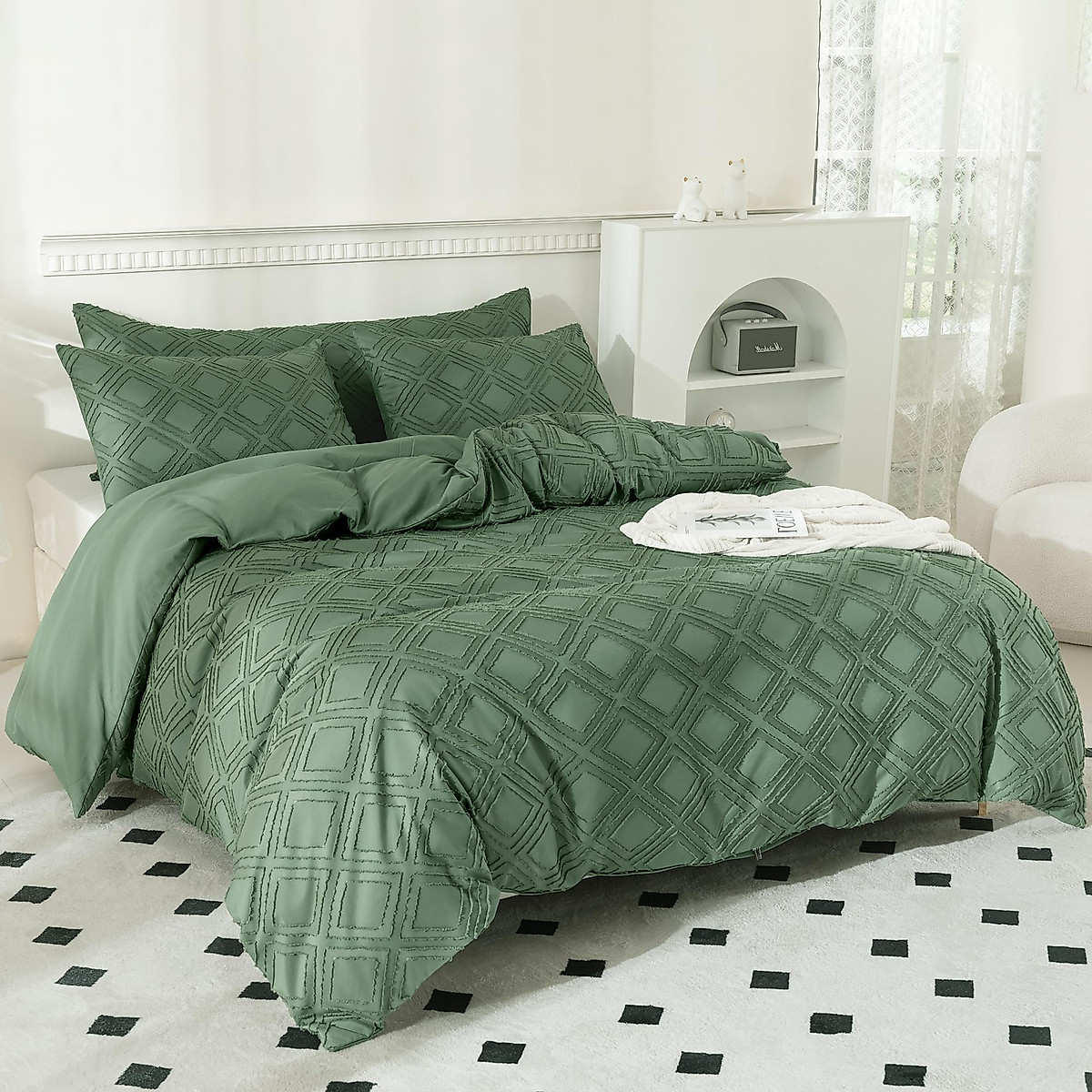 JELLYMONI Green Duvet Cover Full Size - 3 PCS Microfiber Tufted Duvet Cover Set, Boho Textured Duvet Cover Jacquard Rhombus Geometric Pattern Duvet Cover with Corner Ties & Zipper Closure
