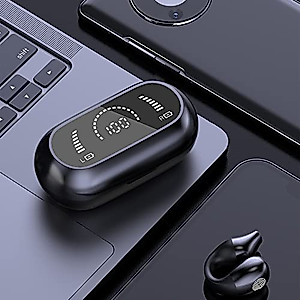Peticehi Wireless Ear Clip Bone Conduction Headphones with Digital Display, Open Ear Headphones Wireless Bluetooth for Running Sports (Black)