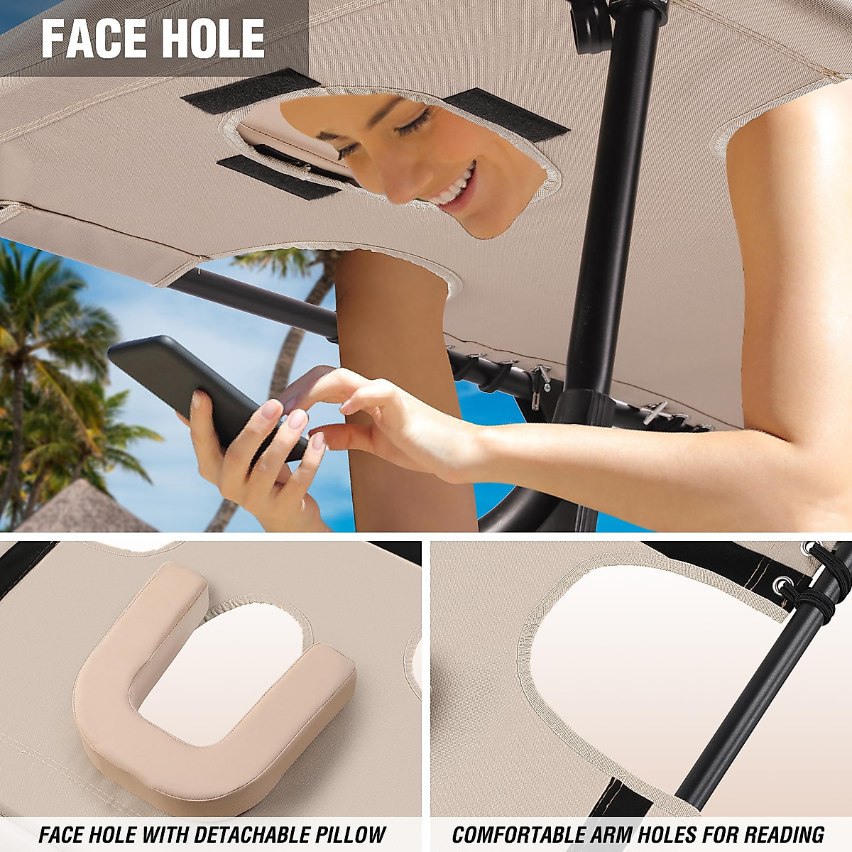 VILLEY Oversized Chaise Lounge Chair with Face Hole, Portable Tanning Chair, Adjustable Reclining Beach Chair, Outdoor Heavy-Duty Folding Sunbathing Chair for Outside Patio Lawn Beach Pool