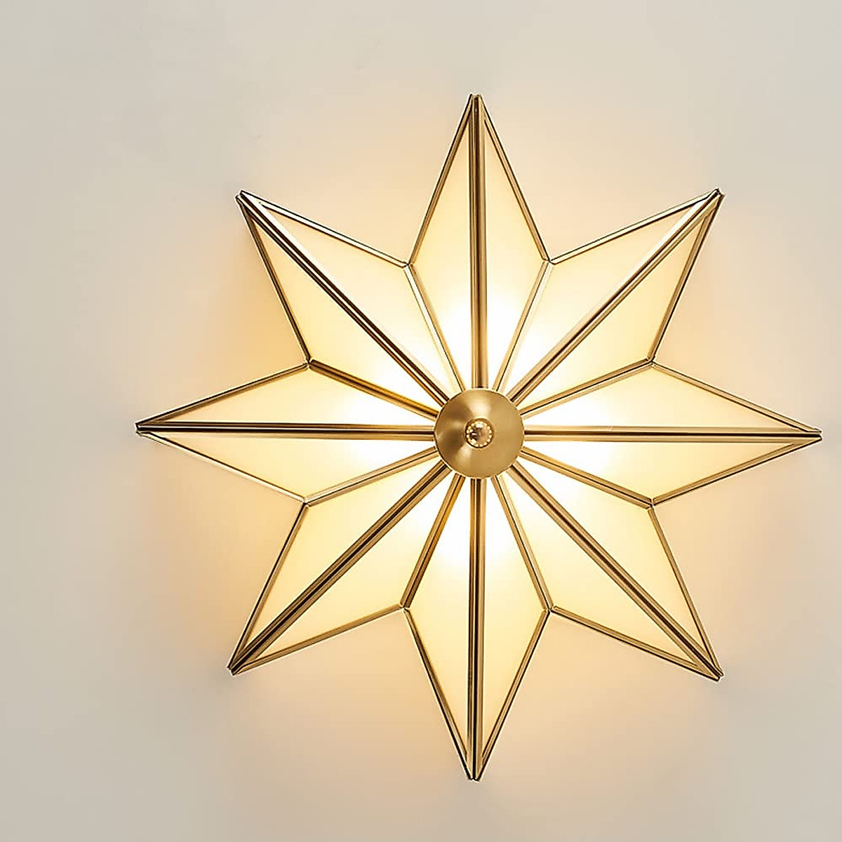 LITFAD Modern 4-Light LED Ceiling Lamp Beveled Frosted Glass Flush Mount Lighting Fixture Traditional Brass Star Close to Ceiling Light Decorative Pendant Light for Hotel Hall Bedroom Living Room
