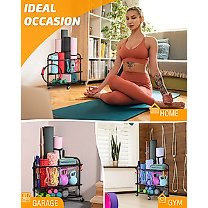 PLKOW Yoga Mat Storage Rack, Home Gym Storage Rack for Yoga Mat, Foam Roller, Resistance Bands, Yoga Block and Dumbbells, Rolling Workout Storage Rack with Wheels and Hooks, Powder Coated Finish Steel