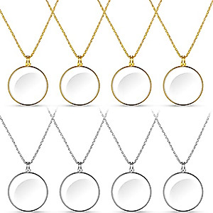 Magnifying Glass Costume Monocle Eyepiece 5X Monocle Magnifier Necklace Monocle on Chain Mini Portable Monocle Jewelry Hanging Magnifying Glass Pendant for Reading Newspaper Map, Silver Gold (8 Pack)