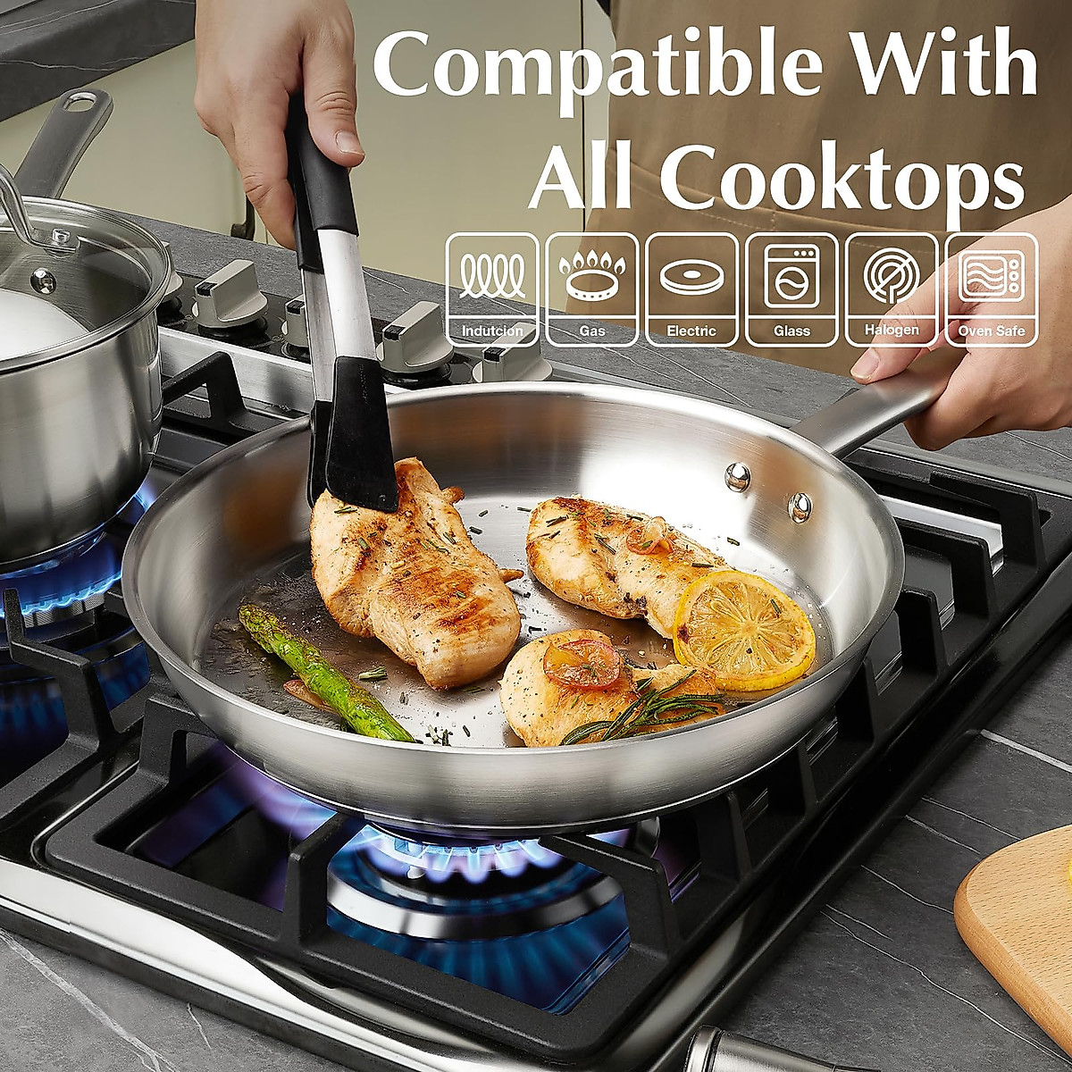 KOCH SYSTEME CS Stainless Steel Pan 10 Inch, Stainless Steel Frying Pan for Professional Cooking, PFAS-Free Stainless Steel Pan with Stay-Cool Handle, Induction Compatible Stainless Steel Skillet