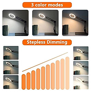 10X Magnifying Glass with Light, KUVRS 2-in-1Anti-Tipping Base & Clamp Magnifying Lamp, 3 Color Modes Stepless Dimmable, Adjustable Swing Arm Lighted Magnifying Glass for Hobby, Soldering, Close Work