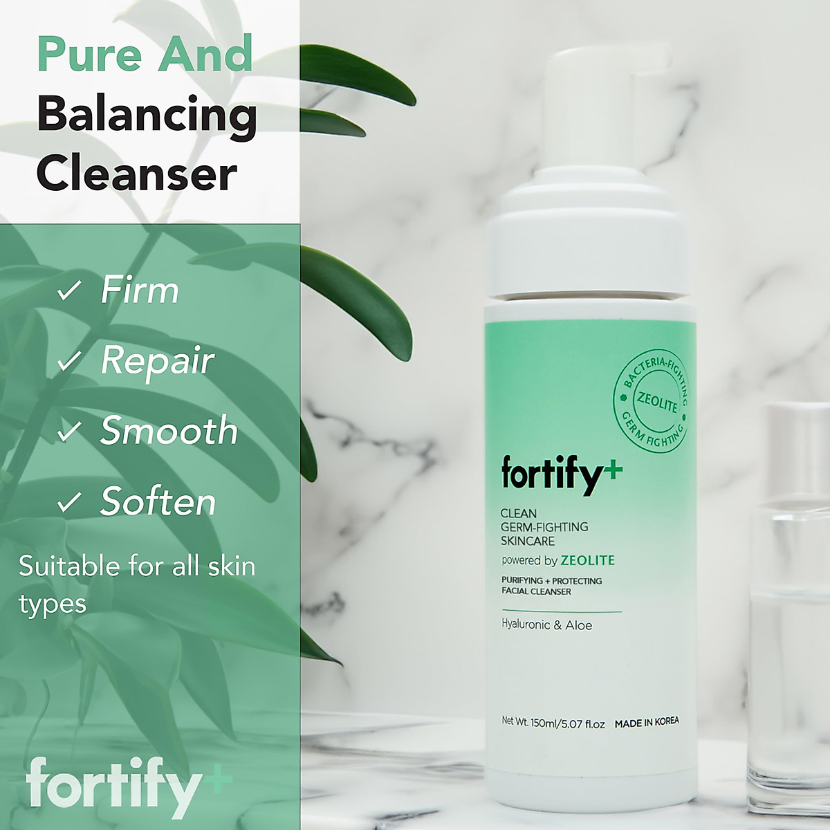 Fortify Skincare 9-in-1 Korean Foaming Facial Cleanser with Hyaluronic Acid & Aloe - Deep Purifying Face Wash - Derm-Tested, Vegan, Clean Beauty, All Skin Types - Fragrance-Free - 150ML/5.07Fl.Oz
