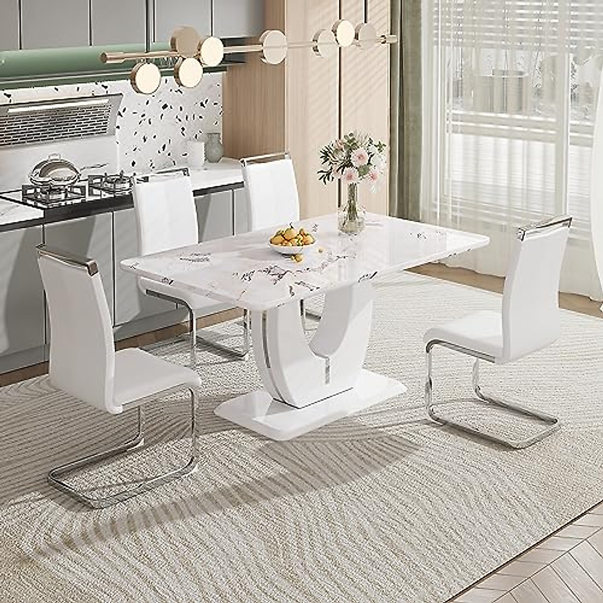 63" Marble Dining Table, Luxurious Dining Room Table with 1.57" Faux Marble Top and U-Shape MDF Pedestal Base, Modern Rectangular Kitchen Dining Table for Living Room Dining Room