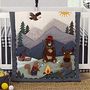 NoJo Into The Wilderness Navy, Green, and Brown, Camping Bear, Moose, Eagle, and Beaver Campfire 4 Piece Nursery Crib Bedding Set - Comforter, Cotton Fitted Crib Sheet, Crib Skirt, and Storage Tote
