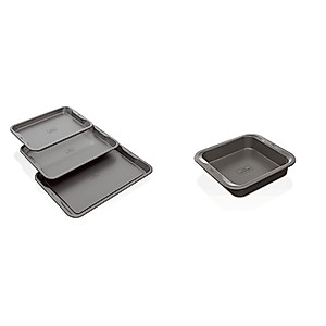 Ninja B33003 Foodi Premium 3-Piece Baking Sheet Set, Oven Safe up to 500⁰F, with 9 x 13 inch Sheet, 10 x 15 inch Sheet & 11 x 17 inch Sheet, Grey & B30408 Foodi Premium 8 inch Square Cake Pan, Grey
