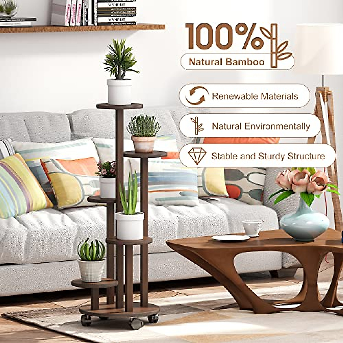 FILWH 5 Tier Plant Stand For Outdoor Indoor Tall Bamboo Movable Flower Stand With Wheels Plant Shelf Pot Holder Plants Corner Display Rack Multiple Planter For Living Room Balcony Garden Patio(Brown)