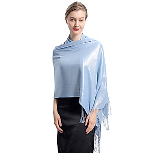 Evening Wraps and Shawls,RonFoxi Light Blue Glittering Metallic Pashmina and Scarf for Women Formal Evening Parties (Light Blue)