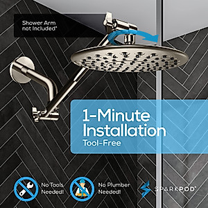 SparkPod 9.5 Inch Large Rain Shower Head - Luxury Rainfall Shower Head - High Pressure Showerhead, Full Body Coverage with Anti-Clog Silicone Nozzles -No Hassle, Easy Install (1/2 NPT, Brushed Nickel)