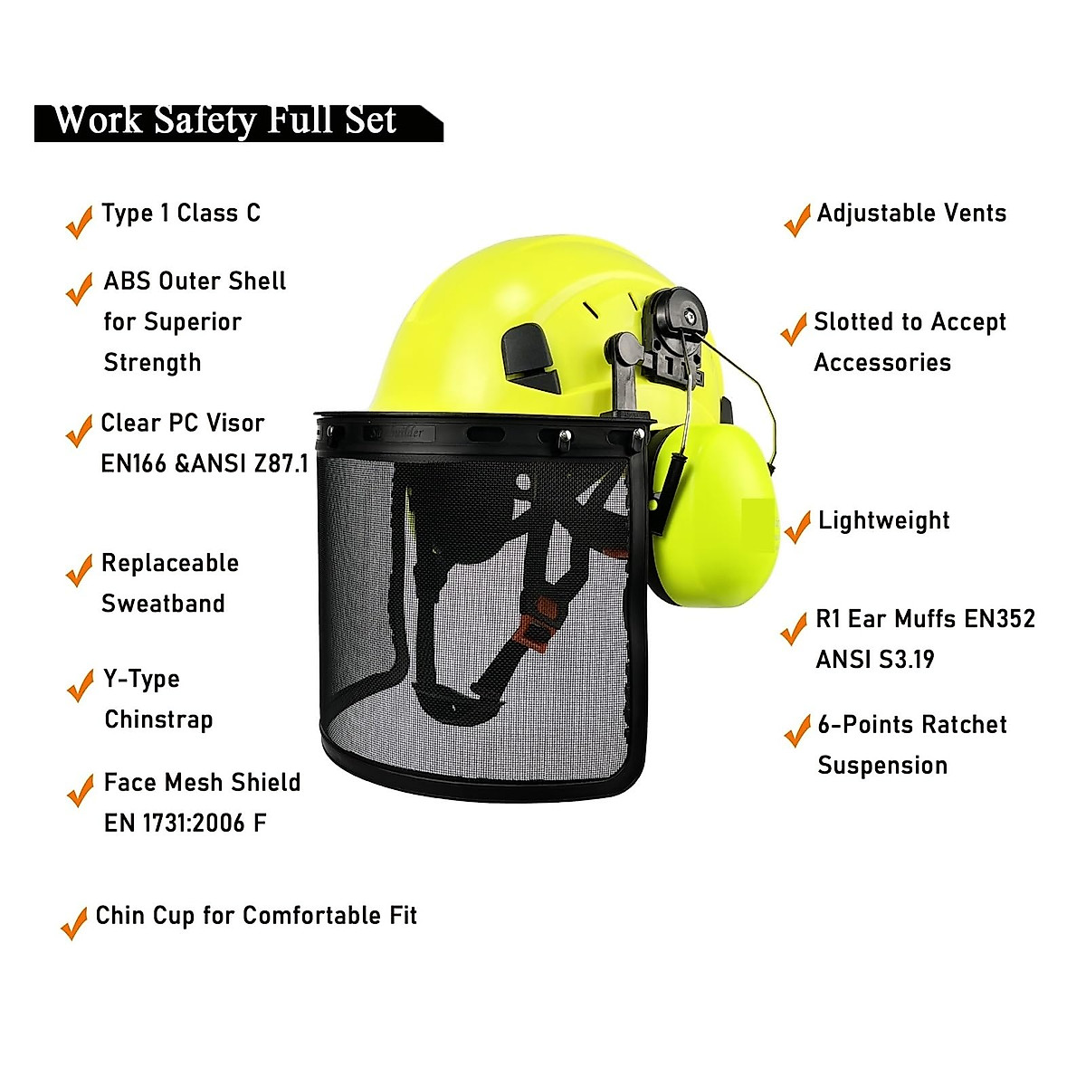 CAARLA Industrial Safety Helmet C+E Forestry Industrial Safety Helmet with Mesh Face Shield Earmuffs Chainsaw Cutting Woodworking ANSI Hard Hat Logger Work Caps(Yellow GR1 Mesh)