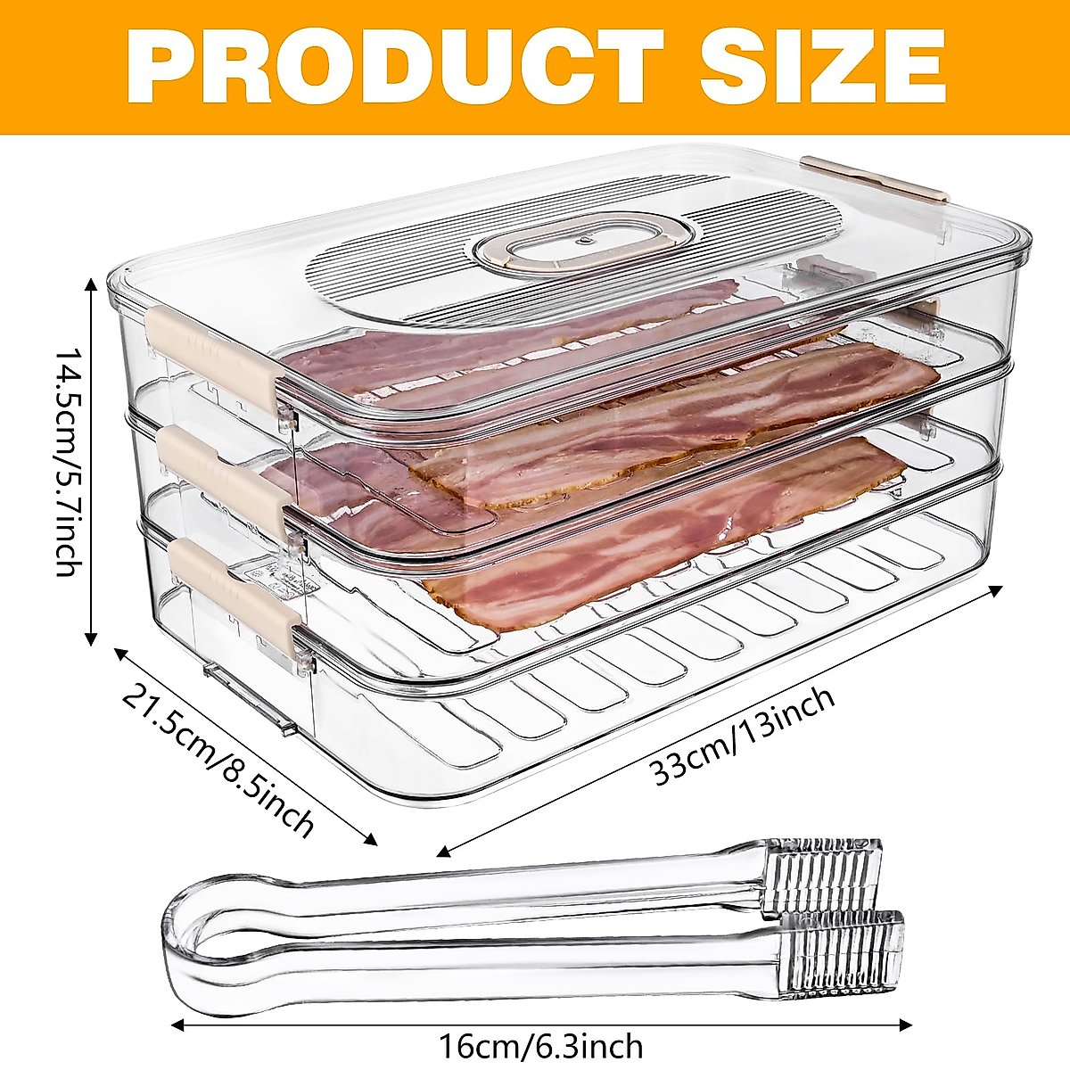 Deli Meat Container for Fridge, 3-Layer Lunch Meat Container for Refrigerator, BPA-Free Stackable Food Storage Boxes, Bacon Keeper Fridge Organization with 2 Pcs Serving Tongs for Bacon Ham Cheese